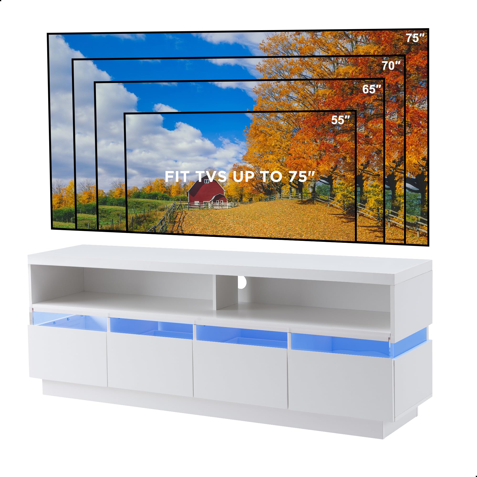 T4TREAM LED TV Stand for 75 Inch TV, Modern Gaming Entertainment Center with LED Lights, Media Storage Console Table with Large Sliding Drawers & Side Cabinets for Living Room, Solid White, 66 Inch
