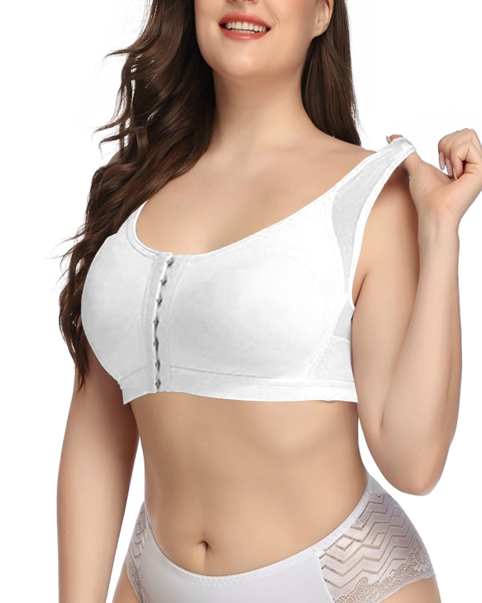 Post Surgery Bra Surgical Bra Compression Sports Bra Front Closure Bras for Women Close Breast Augmentation Bra Wireless (Medium, White)