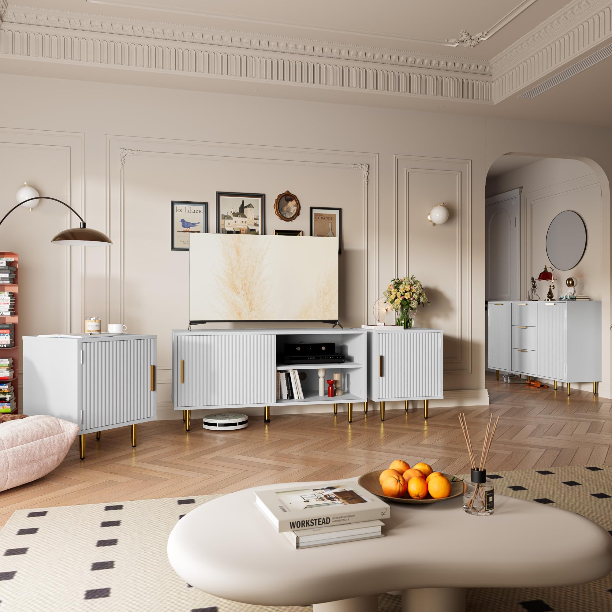 Cozy Castle 47.2" Buffet Cabinet, Large Coffee Bar Cabinet, Glossy Fluted Accent Sideboard with Adjustable Shelves, Credenza with Doors and Drawers for Living Room, Hallway, Kitchen, White
