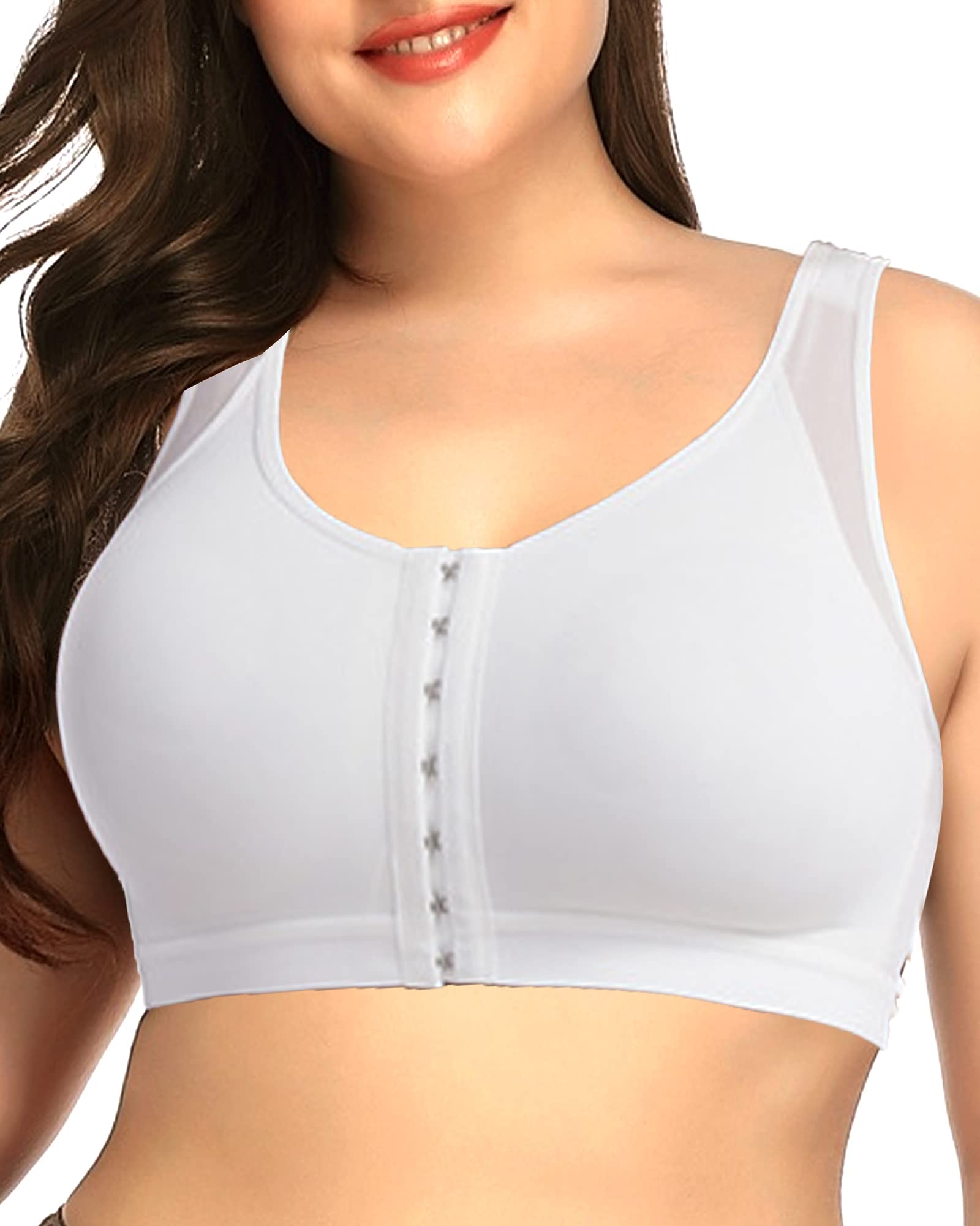 Post Surgery Bra Surgical Bra Compression Sports Bra Front Closure Bras for Women Close Breast Augmentation Bra Wireless (Medium, White)