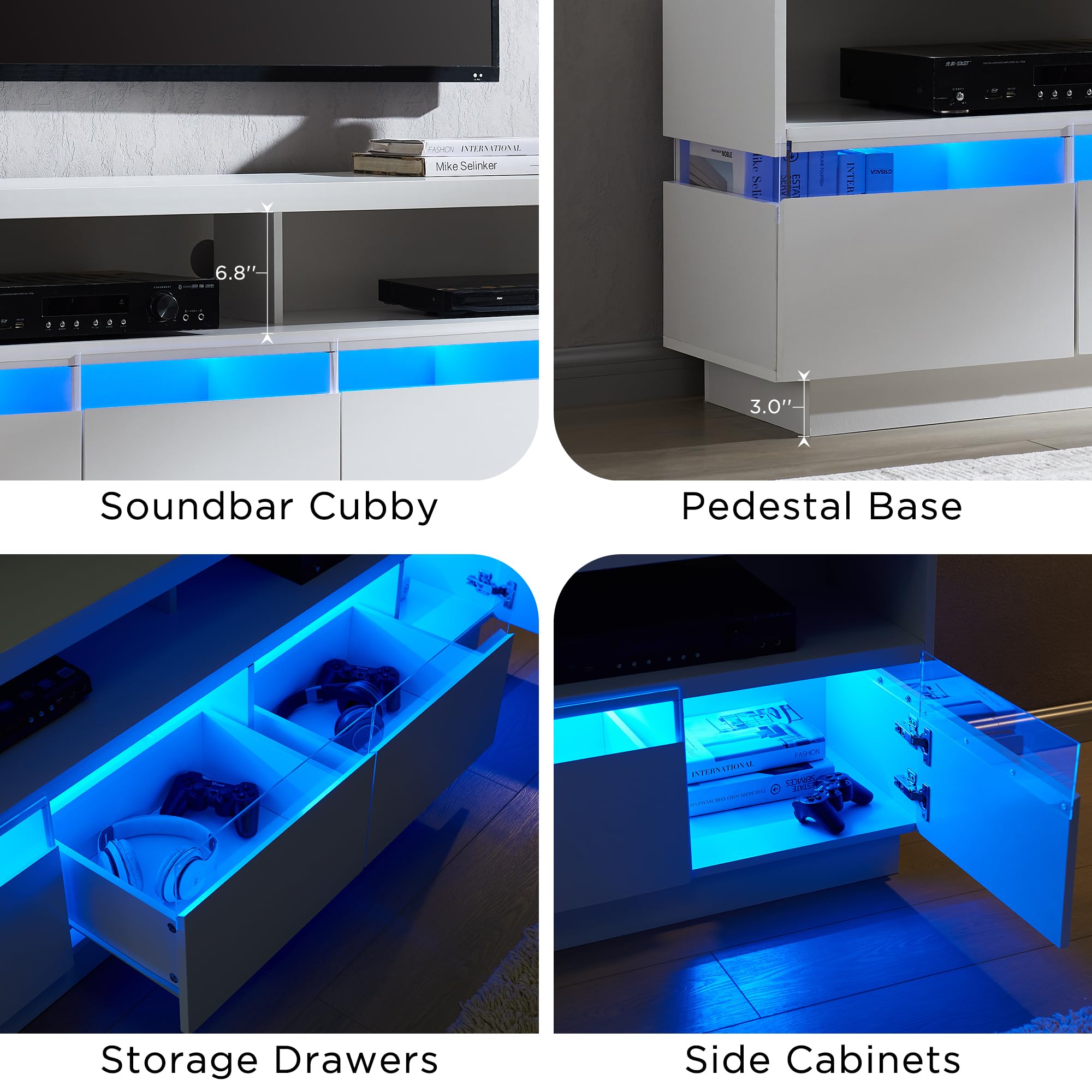 T4TREAM LED TV Stand for 75 Inch TV, Modern Gaming Entertainment Center with LED Lights, Media Storage Console Table with Large Sliding Drawers & Side Cabinets for Living Room, Solid White, 66 Inch
