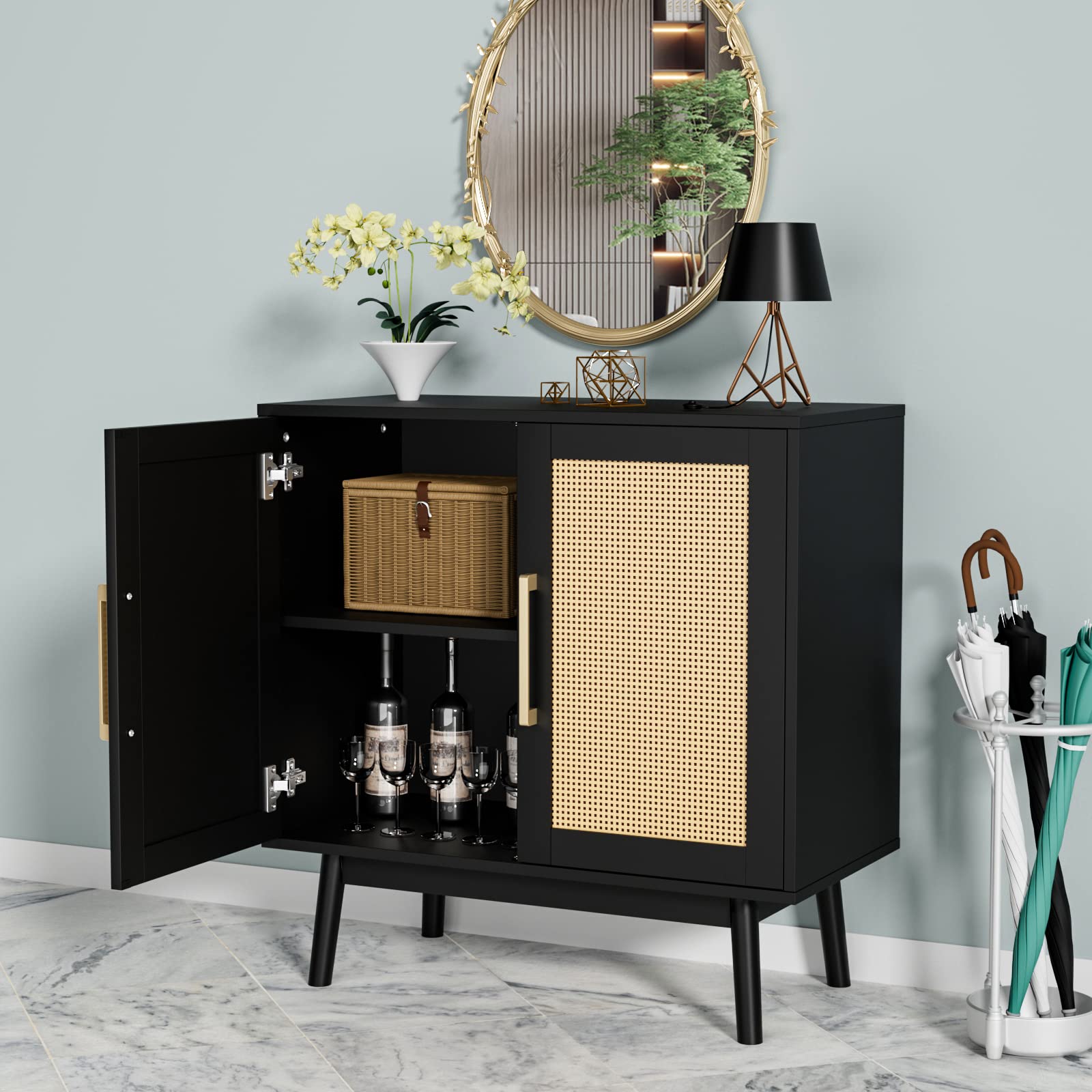JOZZBY Set of 2 Rattan Cabinet, Sideboard Storage Cabinet 2 Door Accent Cabinet with Adjustable Shelves Buffet Cabinet for Kitchen Living Room Dining Room Entryway