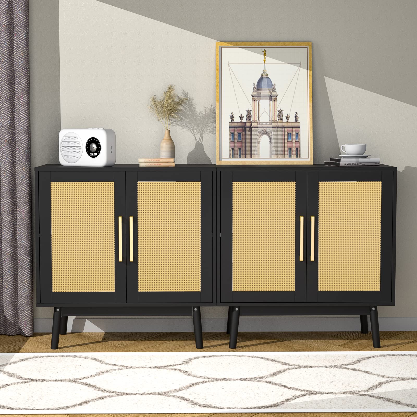 JOZZBY Set of 2 Rattan Cabinet, Sideboard Storage Cabinet 2 Door Accent Cabinet with Adjustable Shelves Buffet Cabinet for Kitchen Living Room Dining Room Entryway