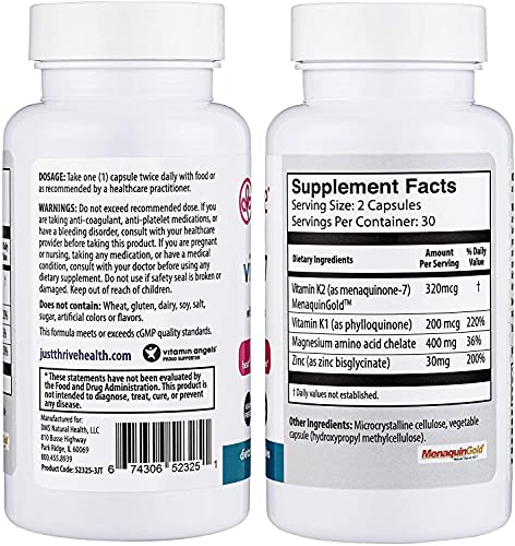 Just Thrive: Vitamin K2-7 - Bone and Heart Health Supplement with Magnesium, Zinc and Menaquinone-7-30-Day Supply - 320 mcg with Ultra Absorption - Support Teeth, Circulation, Brain and Nerve Health