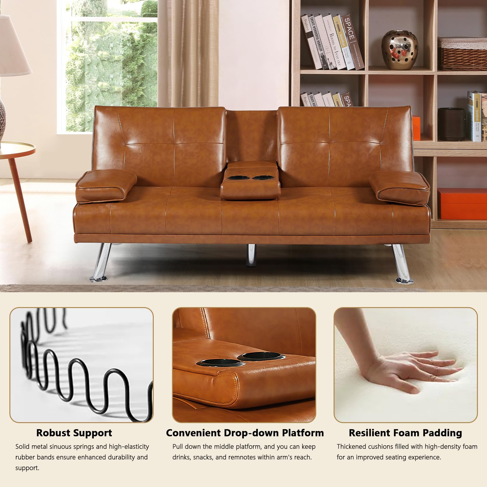 GERDIOEB Modern Convertible Folding Futon Sofa Bed with 2 Cup Holders, Leather Upholstered Adjustable Couch Loveseat Sofa Sleeper with Removable Armrests for Living Room Office Small Space (Tan)
