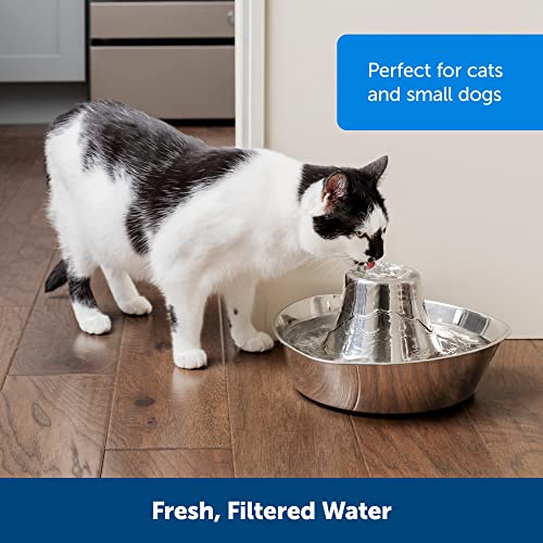 PetSafe Seaside Stainless Cat & Dog Fountain - 2 Water Filters & 1 Pump Included - Tower Creates Soothing Flow for Pets - Scratch- and Rust-Resistant Material Inhibits Pet Acne - 60 Oz Water Capacity