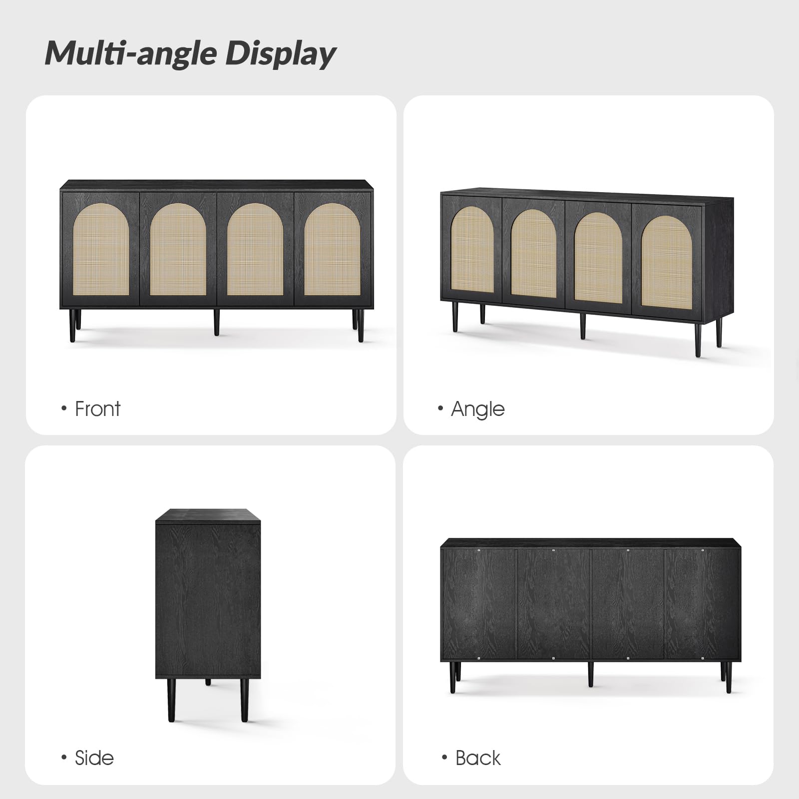HULALA HOME 63" Wide Sideboard, Modern Sideboard Buffet Storage Cabinet with 4 Doors & 2 Adjustable Shelves, Kitchen Storage Buffet Cabinet Rattan Design, for Hallway, Entryway [Black]