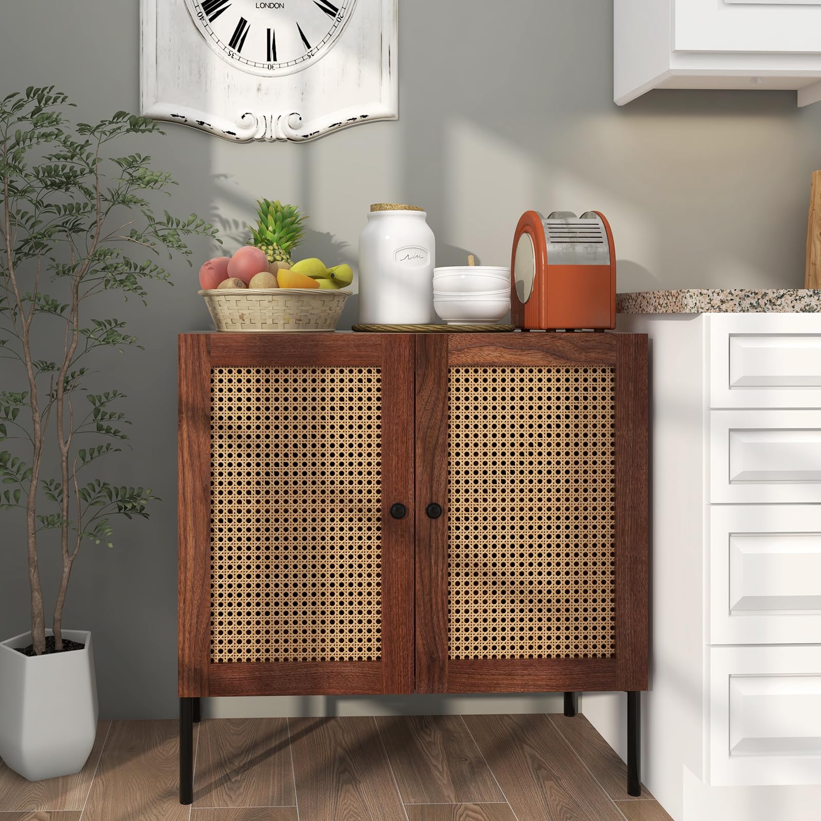 Giantex Buffet Cabinet, Wood Sideboard Storage Cabinet with Rattan Door, 3-Position Adjustable Shelf, Freestanding Coffee Bar Accent Furniture, Kitchen Cupboard Organizer for Living Room Hallway