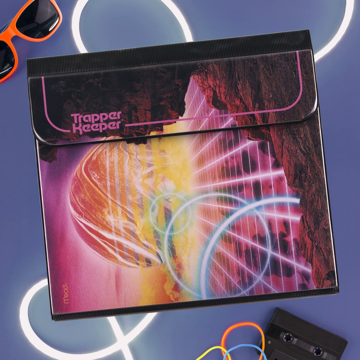 Mead Trapper Keeper Binder, Retro Design, 1 Inch Binder Includes 2 Folders and Extra Pocket, Metal Rings and Spring Clip, Secure Storage, Glow, Mead School Supplies (260038FM-ECM)