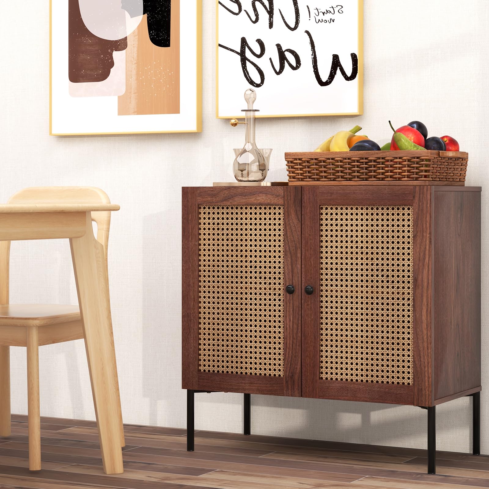 Giantex Buffet Cabinet, Wood Sideboard Storage Cabinet with Rattan Door, 3-Position Adjustable Shelf, Freestanding Coffee Bar Accent Furniture, Kitchen Cupboard Organizer for Living Room Hallway