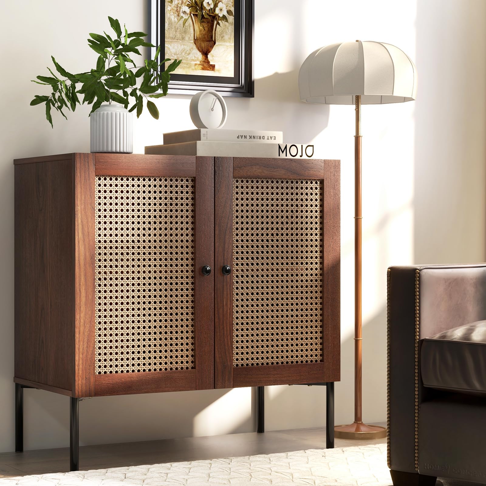 Giantex Buffet Cabinet, Wood Sideboard Storage Cabinet with Rattan Door, 3-Position Adjustable Shelf, Freestanding Coffee Bar Accent Furniture, Kitchen Cupboard Organizer for Living Room Hallway
