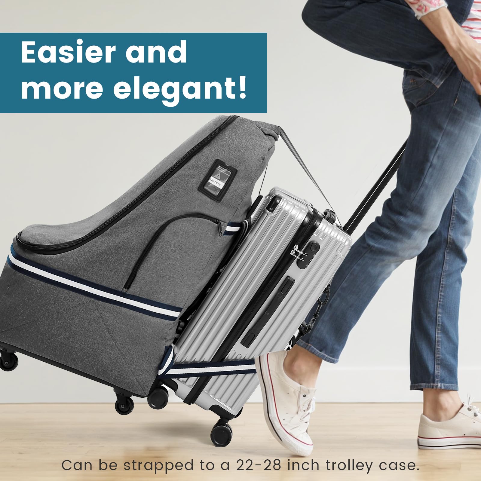 RUCYEN Rolling Car Seat Travel Bag, Padded Carseat Travel Backpack for Airplane,Large Durable Travel Bag with 4 Wheels,Adjustable Shoulder Strap and Waterproof Base Dark Grey