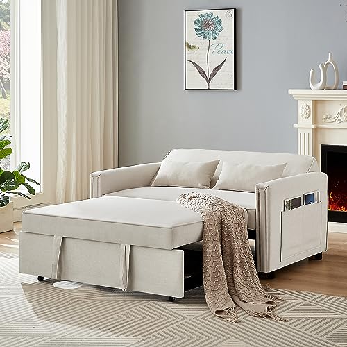 Eafurn 3 in 1 Convertible Sleeper Sofa Couch with Pull Out Bed,Small Futon Loveseat Lounge Chaise with Reclining Backrest and Armrest,Soft Upholstered Love Seats RV Furniture for Living Room