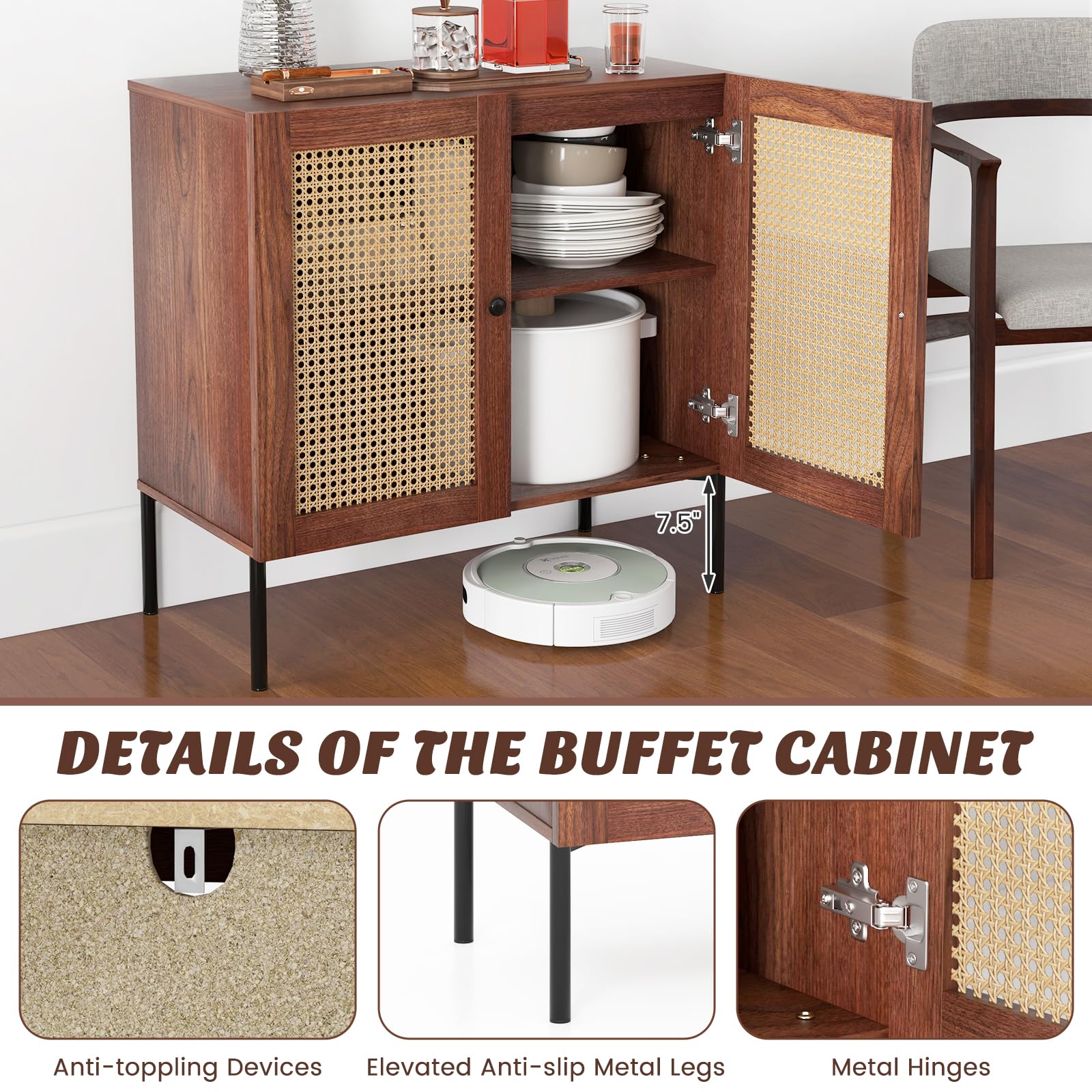 Giantex Buffet Cabinet, Wood Sideboard Storage Cabinet with Rattan Door, 3-Position Adjustable Shelf, Freestanding Coffee Bar Accent Furniture, Kitchen Cupboard Organizer for Living Room Hallway