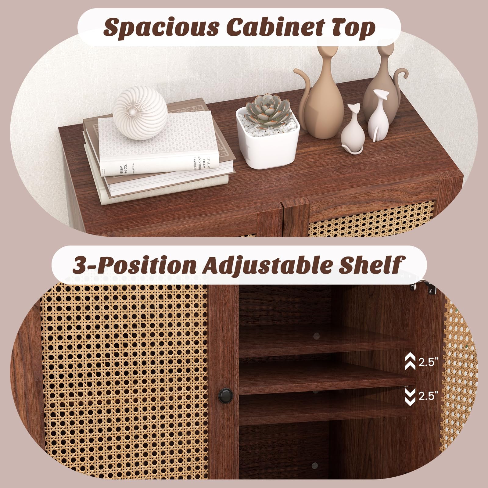 Giantex Buffet Cabinet, Wood Sideboard Storage Cabinet with Rattan Door, 3-Position Adjustable Shelf, Freestanding Coffee Bar Accent Furniture, Kitchen Cupboard Organizer for Living Room Hallway