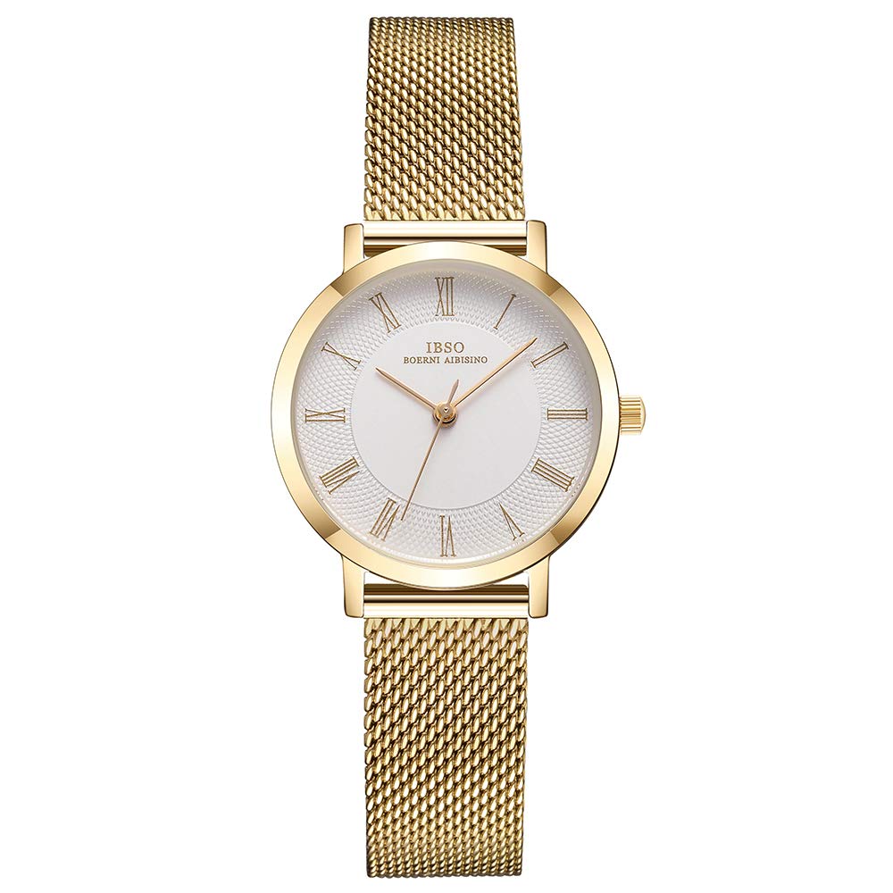 IBSO Women Stainless Steel Band Watches Ladies Quartz Wristwatches Waterproof Mesh Bracelet Watch Relogio Feminino (3636 Gold)