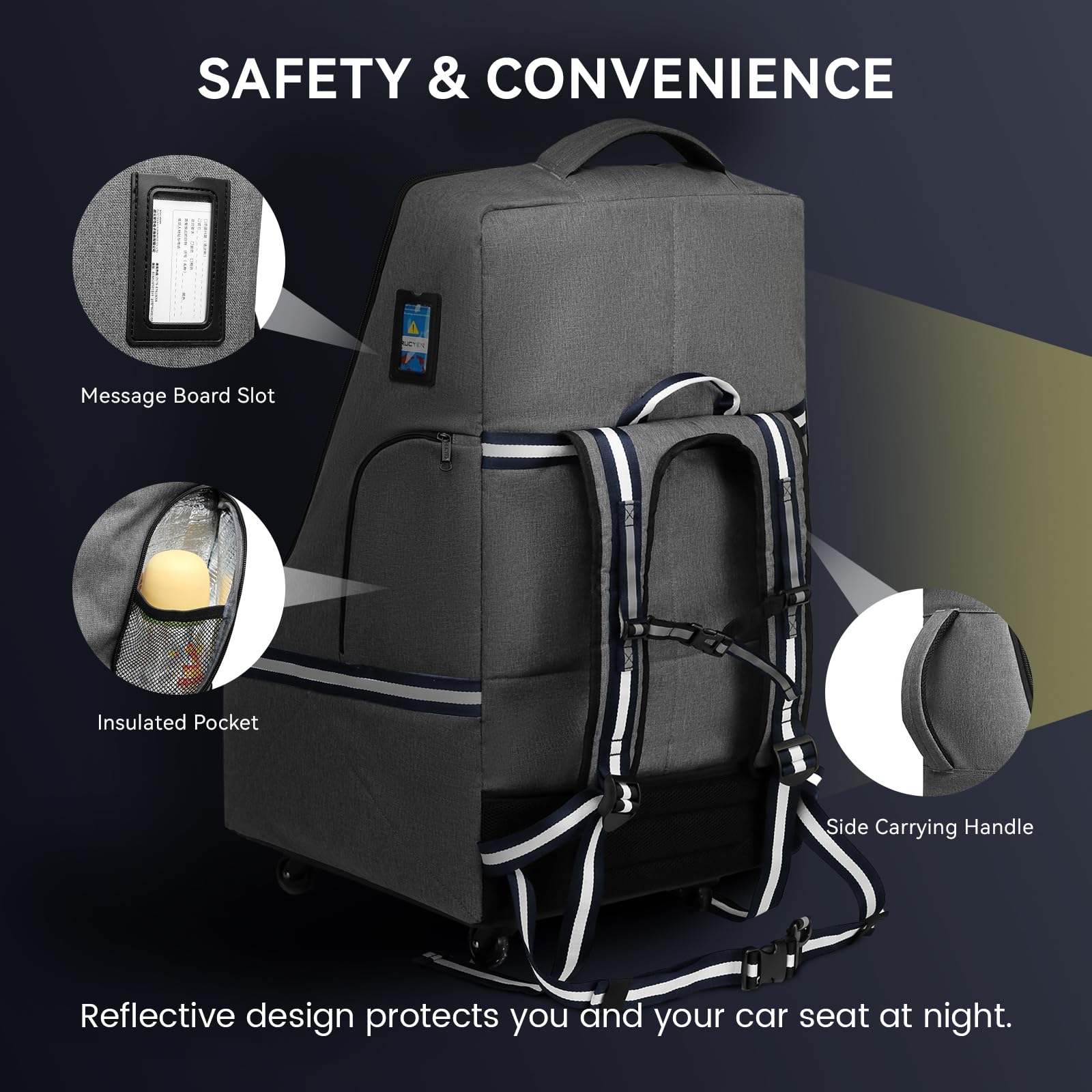 RUCYEN Rolling Car Seat Travel Bag, Padded Carseat Travel Backpack for Airplane,Large Durable Travel Bag with 4 Wheels,Adjustable Shoulder Strap and Waterproof Base Dark Grey