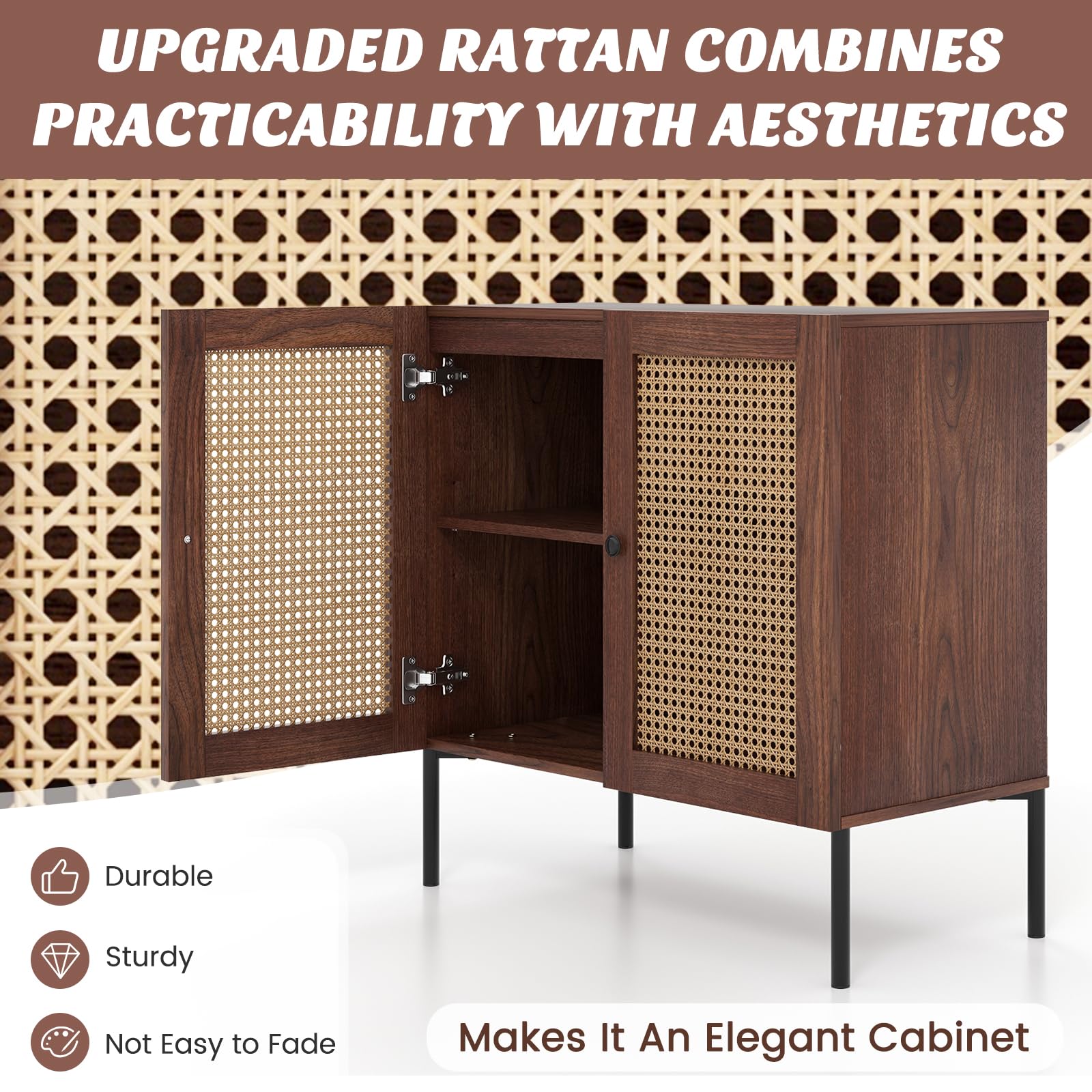 Giantex Buffet Cabinet, Wood Sideboard Storage Cabinet with Rattan Door, 3-Position Adjustable Shelf, Freestanding Coffee Bar Accent Furniture, Kitchen Cupboard Organizer for Living Room Hallway