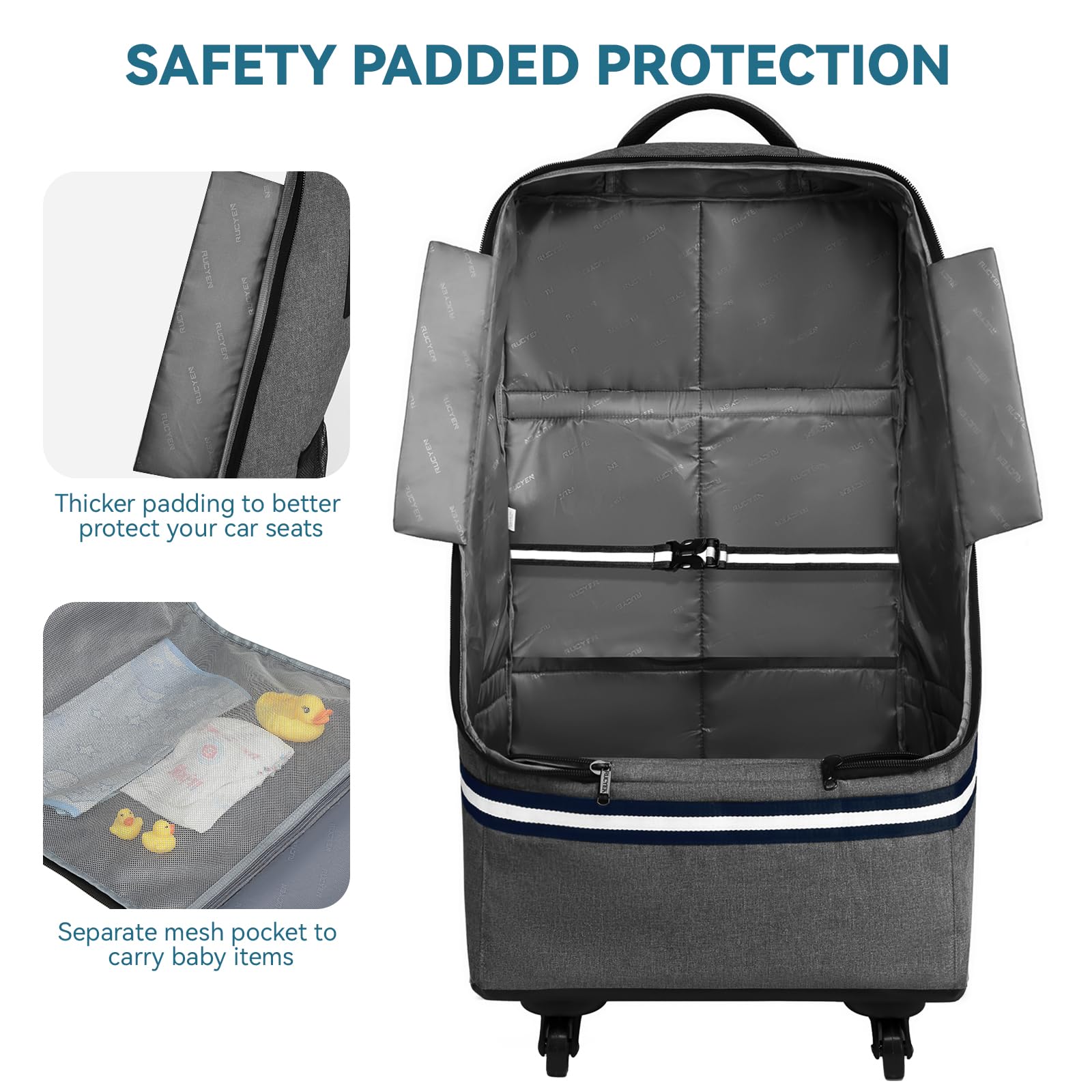 RUCYEN Rolling Car Seat Travel Bag, Padded Carseat Travel Backpack for Airplane,Large Durable Travel Bag with 4 Wheels,Adjustable Shoulder Strap and Waterproof Base Dark Grey