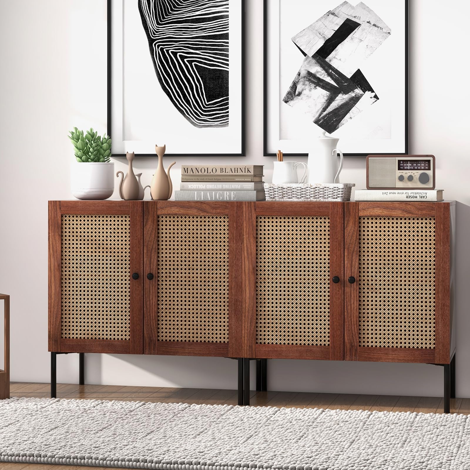 Giantex Buffet Cabinet, Wood Sideboard Storage Cabinet with Rattan Door, 3-Position Adjustable Shelf, Freestanding Coffee Bar Accent Furniture, Kitchen Cupboard Organizer for Living Room Hallway