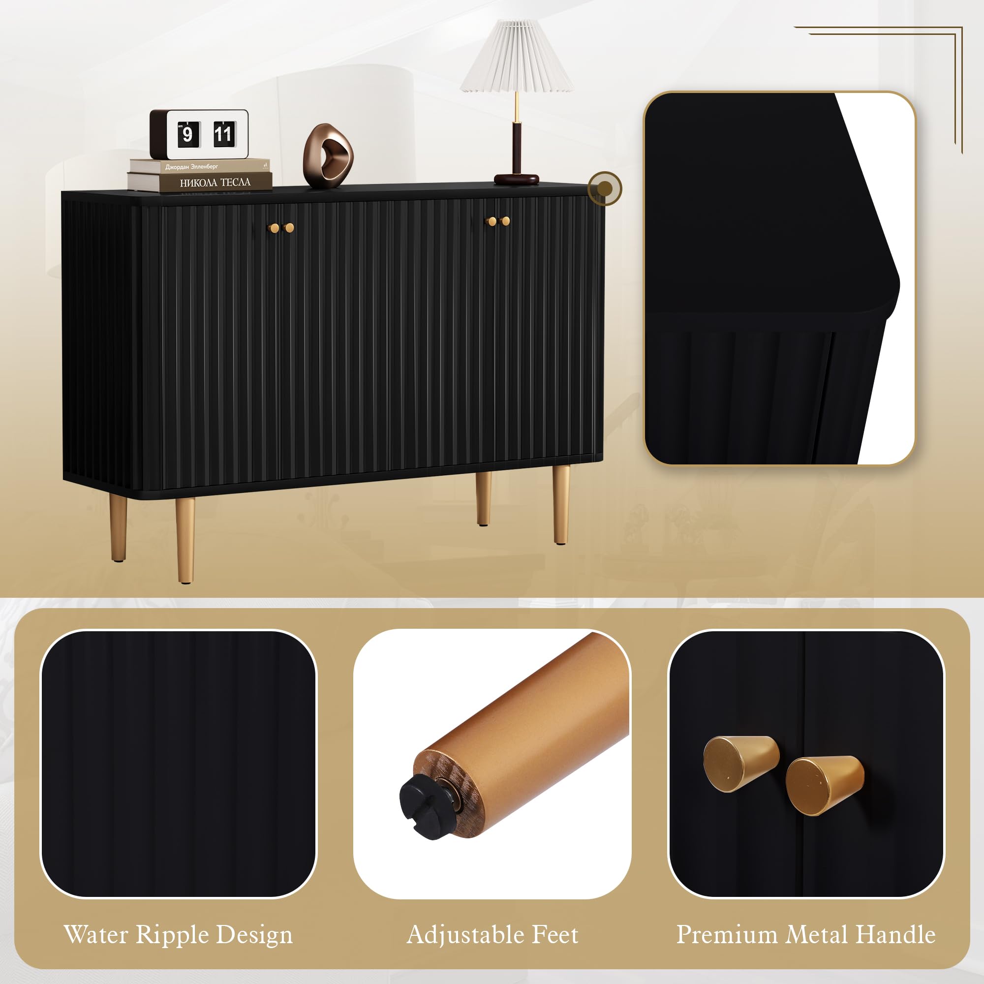 HLR Sideboard Buffet Cabinet, 48" Modern Accent Cabinet with 4 Door and Removable Shelves, Credenza Entryway Cabinet with Storage for Living Room, Dinning Room, Black