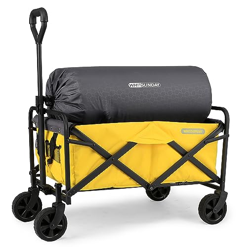 WHITSUNDAY Collapsible Folding Garden Outdoor Park Utility Wagon Picnic Camping Cart,Wagon Cart Heavy Duty Foldable for Picnic Camping Cart with Wheel and Bottle Holders Yellow