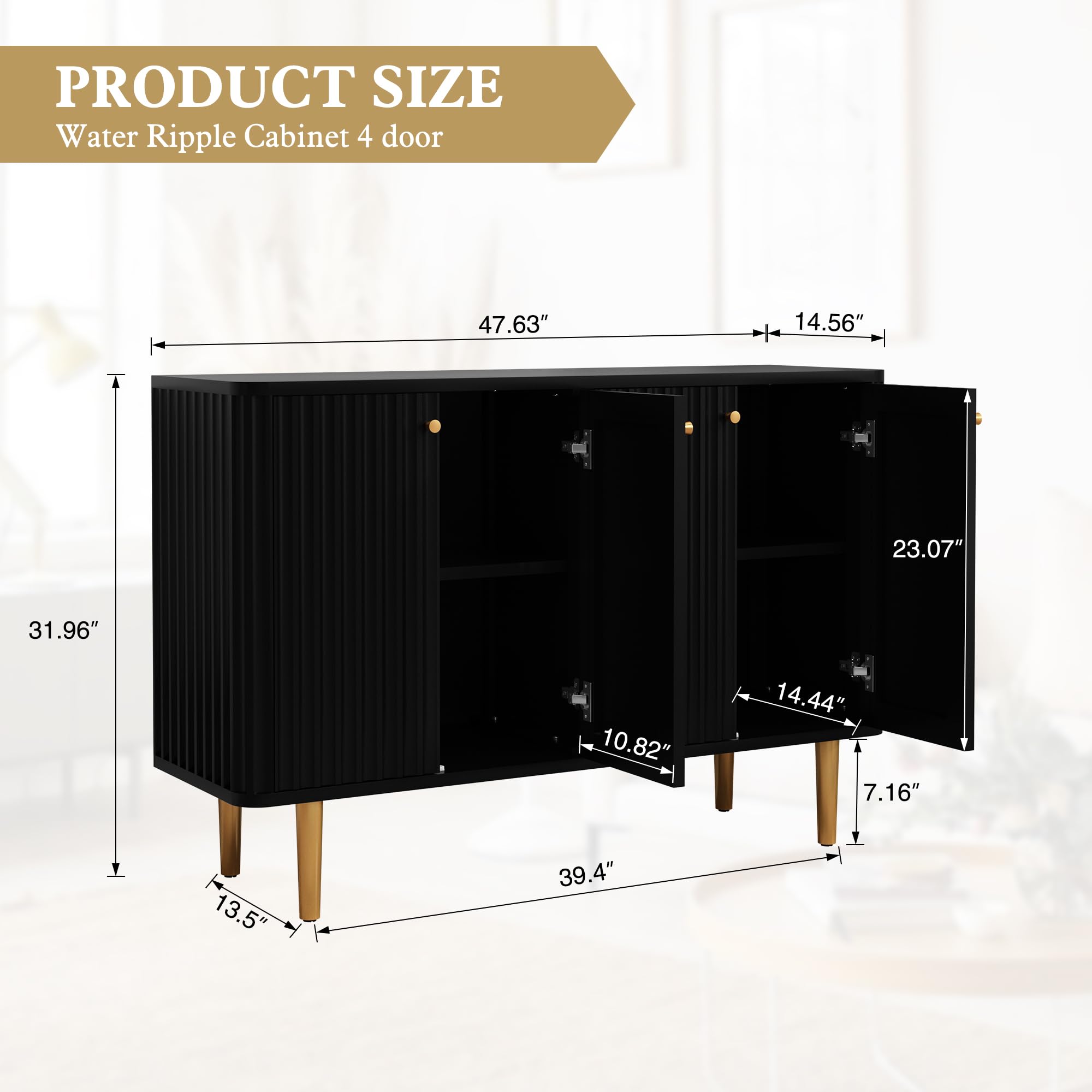 HLR Sideboard Buffet Cabinet, 48" Modern Accent Cabinet with 4 Door and Removable Shelves, Credenza Entryway Cabinet with Storage for Living Room, Dinning Room, Black