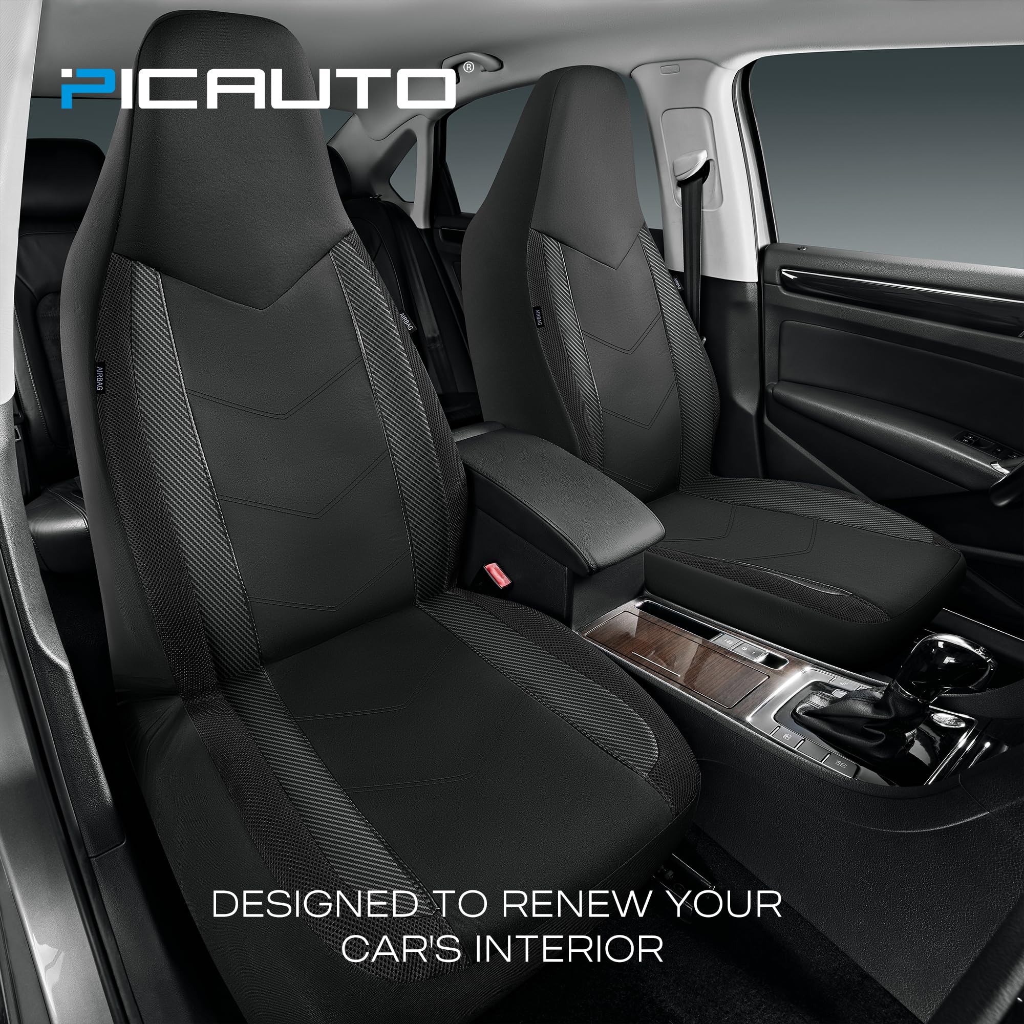 PIC AUTO High Back Front Car Seat Covers - Sports Carbon Fiber Mesh Design, Universal Fit, Airbag Compatible (Black)