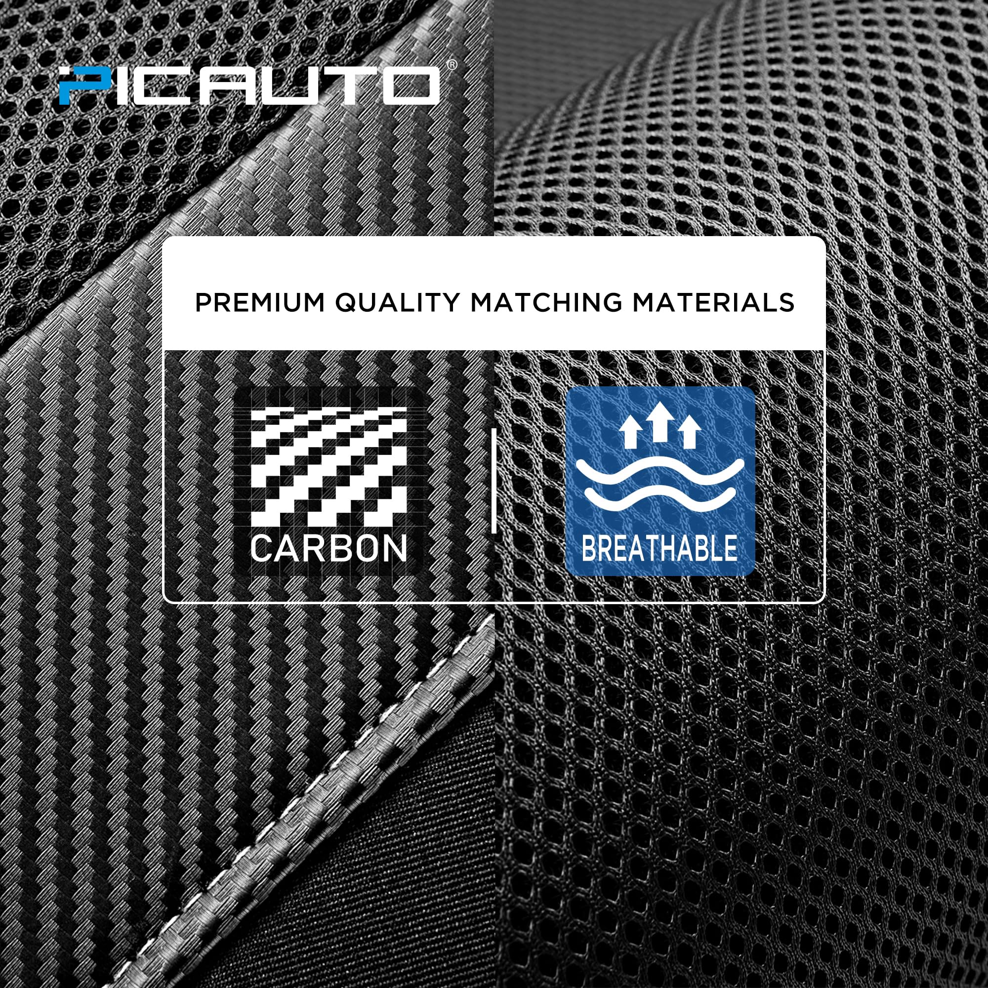 PIC AUTO High Back Front Car Seat Covers - Sports Carbon Fiber Mesh Design, Universal Fit, Airbag Compatible (Black)