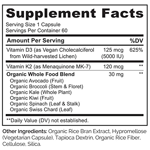 NATURELO Vegan K2+D3 - Plant Based D3 from Lichen - Natural D3 Supplement for Immune System, Bone Support, Joint Health - Whole Food - Vegan - Non-GMO - Gluten Free (60 Count (Pack of 1))