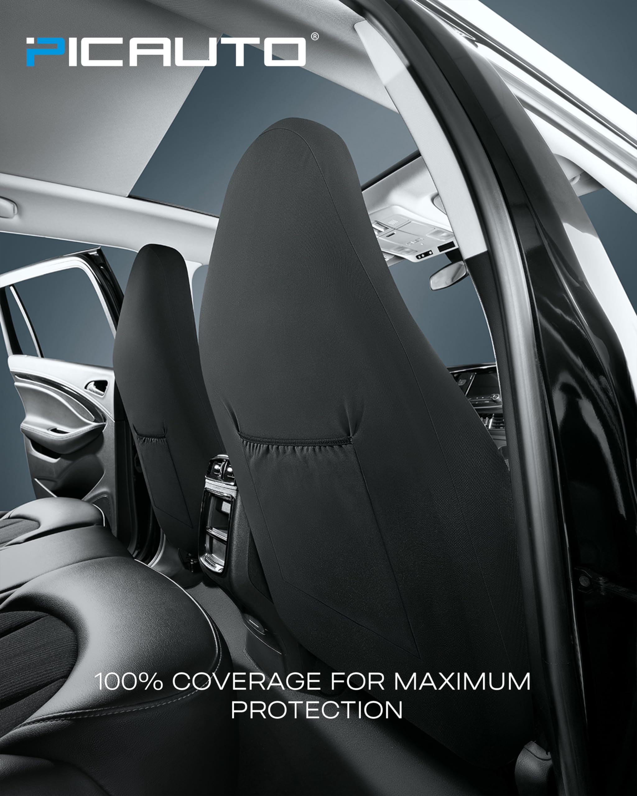 PIC AUTO High Back Front Car Seat Covers - Sports Carbon Fiber Mesh Design, Universal Fit, Airbag Compatible (Black)
