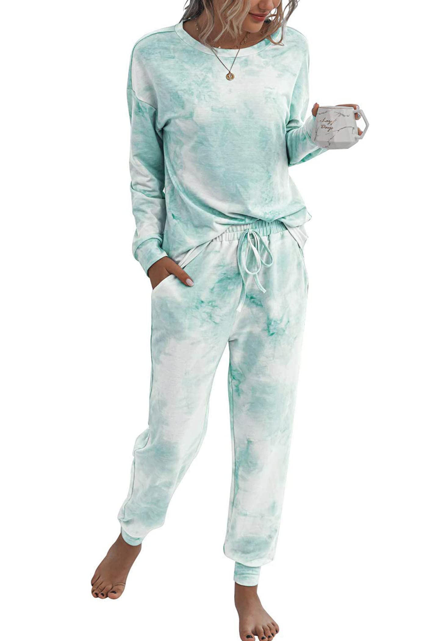 PRETTYGARDEN Women's Tie Dye Two Piece Pajamas Set Casual Long Sleeve Sweatshirt with Long Pants Loungewear (Green,X-Large)