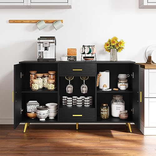 YITAHOME Sideboard Buffet, Buffet Cabinet Storage Credenza w/Adjustable Shelf, Wine Glass Holder, Drawers, Modern White & Gold Dresser 300 lbs Capacity for Living Room, Kitchen, Dining Room, Black