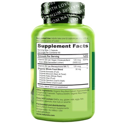 NATURELO Vegan K2+D3 - Plant Based D3 from Lichen - Natural D3 Supplement for Immune System, Bone Support, Joint Health - Whole Food - Vegan - Non-GMO - Gluten Free (60 Count (Pack of 1))