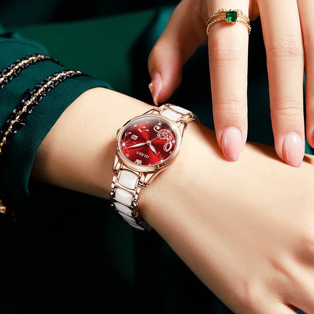 OLEVS Women's Watch Bracelet Designer Fashion Watch Ceramic Note Rose Gold Luxury 3ATM Date Waterproof Luminous Wine Red Dial Valentine's Day Present Quartz