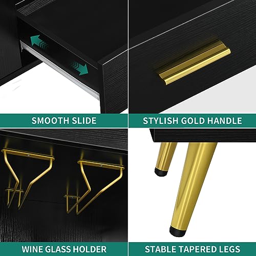 YITAHOME Sideboard Buffet, Buffet Cabinet Storage Credenza w/Adjustable Shelf, Wine Glass Holder, Drawers, Modern White & Gold Dresser 300 lbs Capacity for Living Room, Kitchen, Dining Room, Black