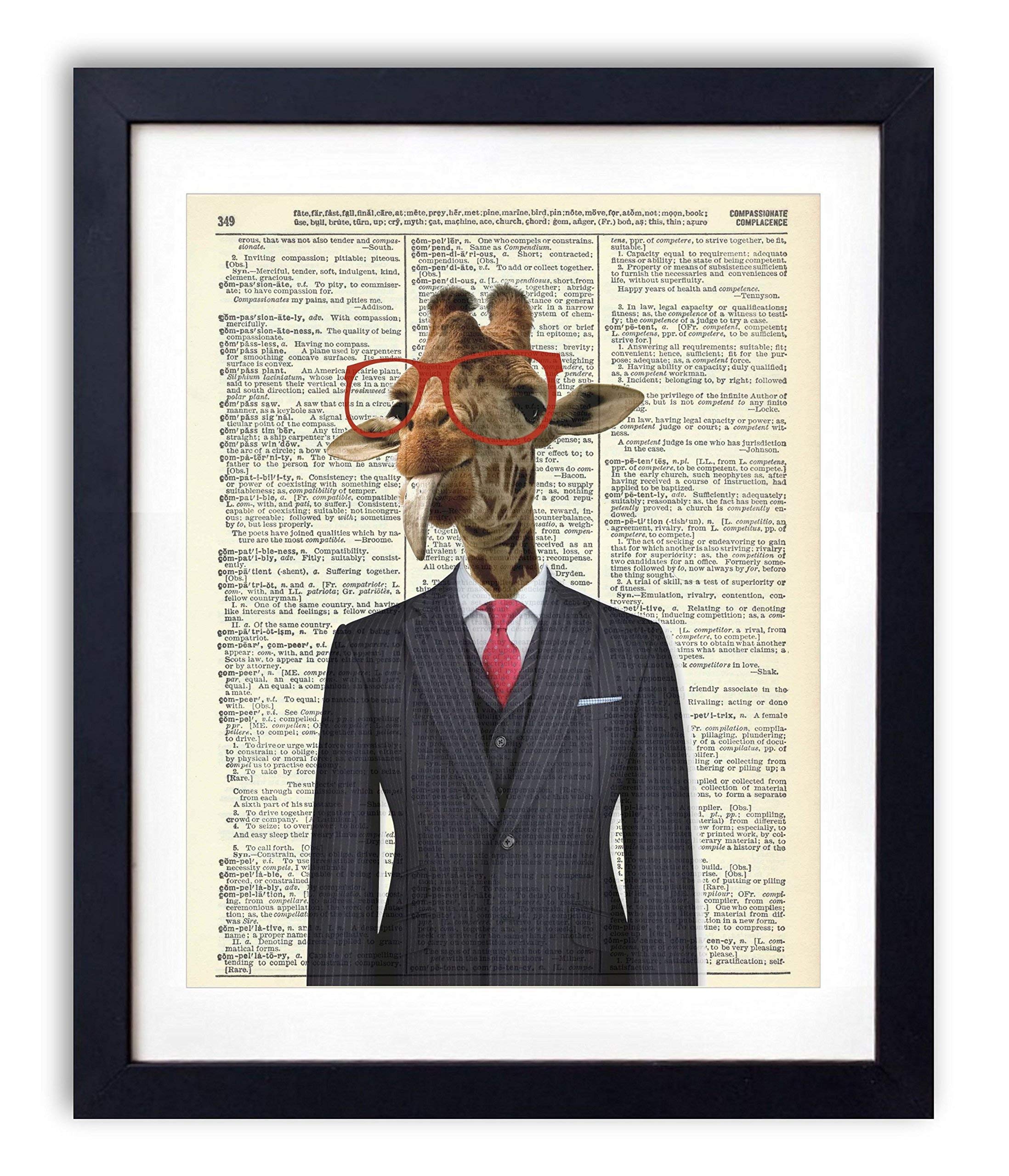 Giraffe In Suit Vintage Dictionary Art Print, Antique Wall Art Home Decor, Modern Boho Poster, Farmhouse Decoration Living Room Bedroom Office 8x10 Inches, Ready To Frame