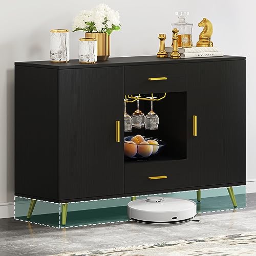 YITAHOME Sideboard Buffet, Buffet Cabinet Storage Credenza w/Adjustable Shelf, Wine Glass Holder, Drawers, Modern White & Gold Dresser 300 lbs Capacity for Living Room, Kitchen, Dining Room, Black
