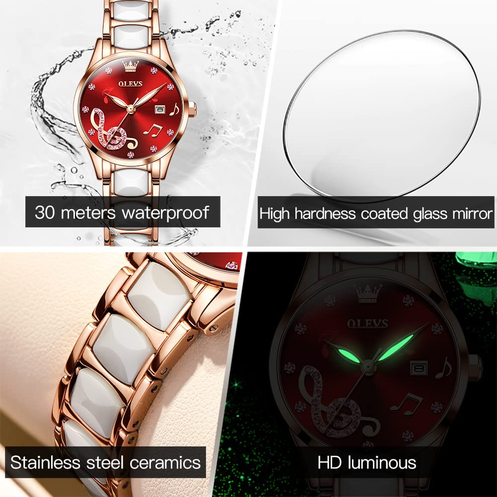 OLEVS Women's Watch Bracelet Designer Fashion Watch Ceramic Note Rose Gold Luxury 3ATM Date Waterproof Luminous Wine Red Dial Valentine's Day Present Quartz