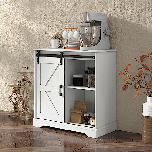 Panana Sliding Barn Door Buffet Sideboard Storage Cabinet Coffee Bar Kitchen Farmhouse Style (White Cabinet)