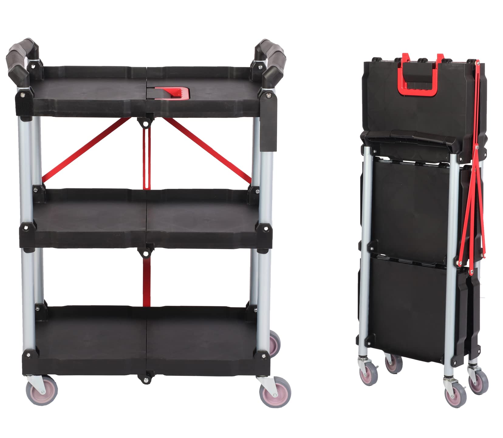 lesolar Portable Folding Service Cart - 3 Tier 150LBS Capacity - Rolling Cart Utility Cart Foldable Cart with Wheels for Warehouse Home, Black