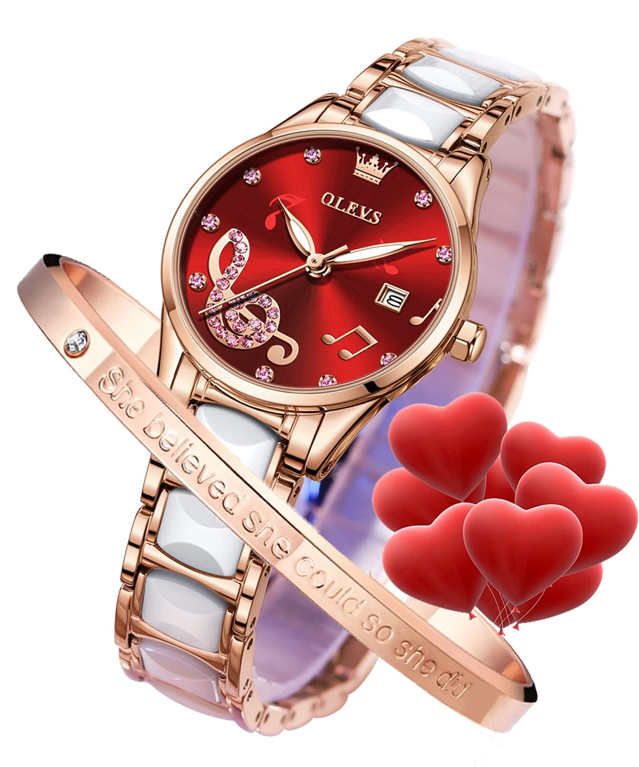 OLEVS Women's Watch Bracelet Designer Fashion Watch Ceramic Note Rose Gold Luxury 3ATM Date Waterproof Luminous Wine Red Dial Valentine's Day Present Quartz