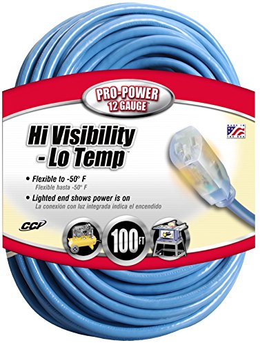 Coleman Cable 02569 12/3 Hi-Visibility Low-Temperature Outdoor Extension Cord, 100-Foot