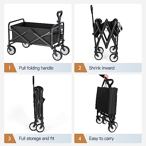 Collapsible Folding Utility Wagon,Beach Wagon Cart with All Terrain Wheels & Drink Holders,Portable Sports Wagon for Camping, Shopping, Garden and Beach, Grass, Sand,Fishing