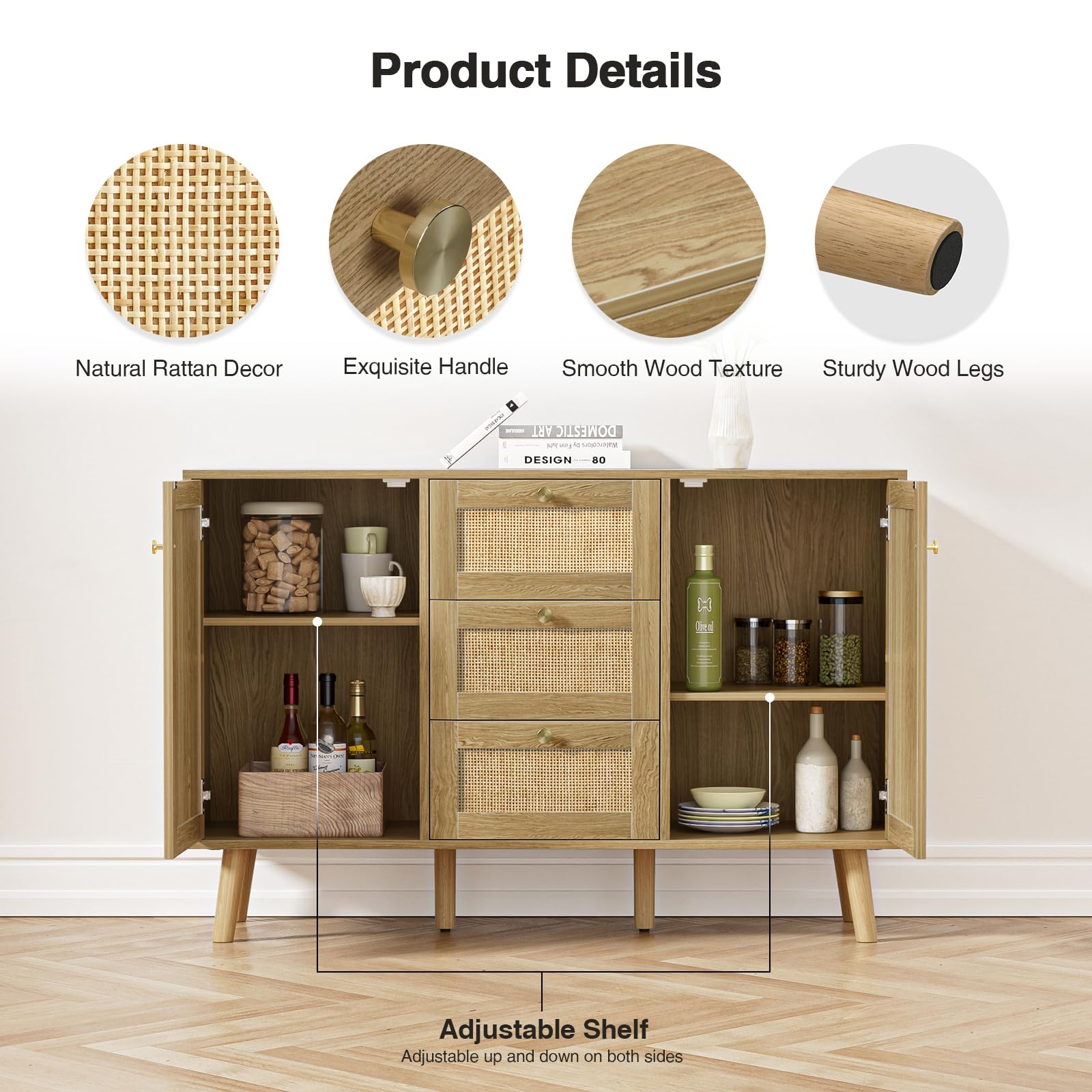 Giluta Sideboard Buffet Cabinet, 3 Drawers Cabinet with 2 Doors Boho Accent Storage Cabinet, Living Room Cupboard Console Table with Adjustable Shelves for Kitchen