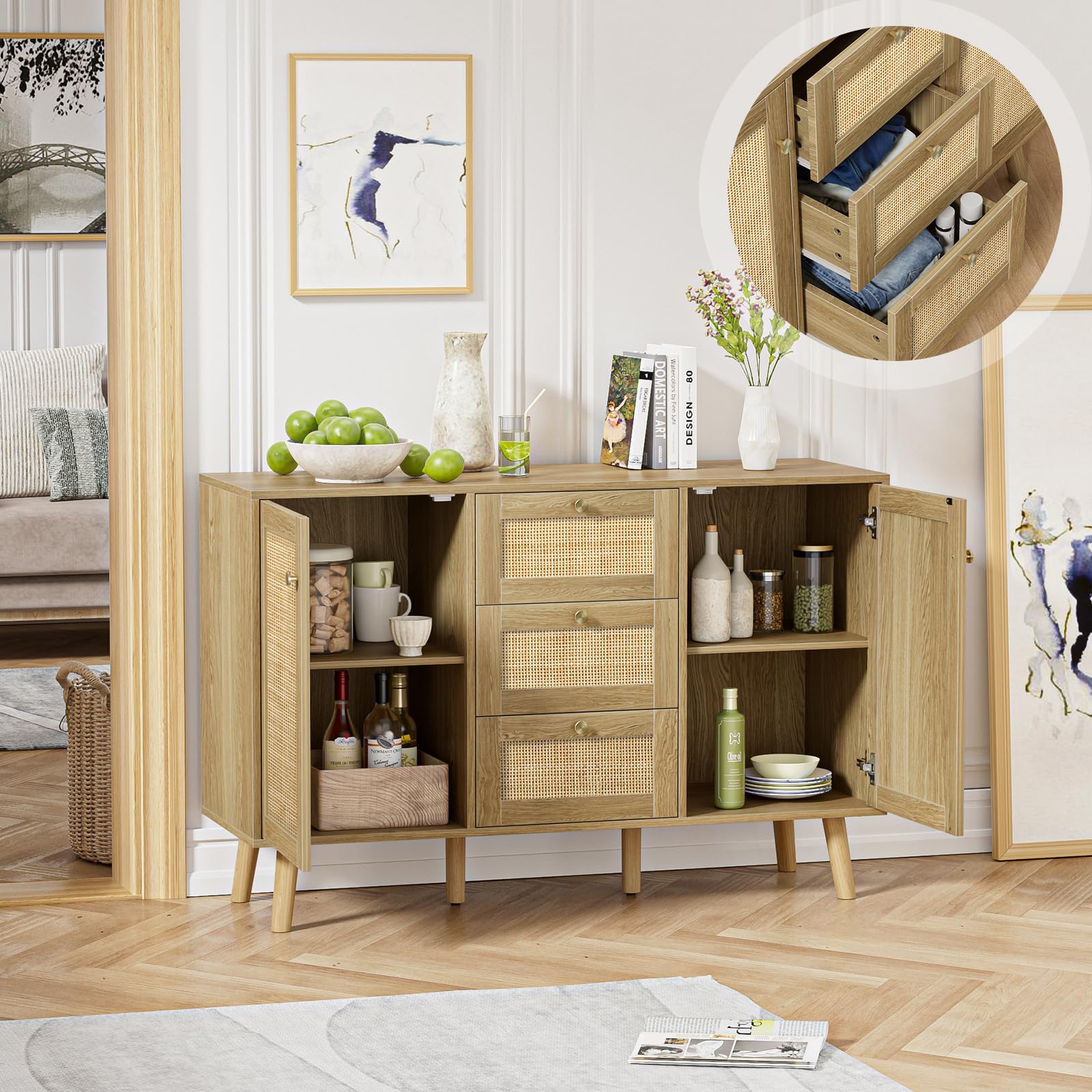 Giluta Sideboard Buffet Cabinet, 3 Drawers Cabinet with 2 Doors Boho Accent Storage Cabinet, Living Room Cupboard Console Table with Adjustable Shelves for Kitchen