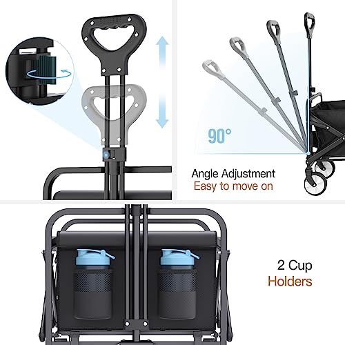 Collapsible Folding Utility Wagon,Beach Wagon Cart with All Terrain Wheels & Drink Holders,Portable Sports Wagon for Camping, Shopping, Garden and Beach, Grass, Sand,Fishing