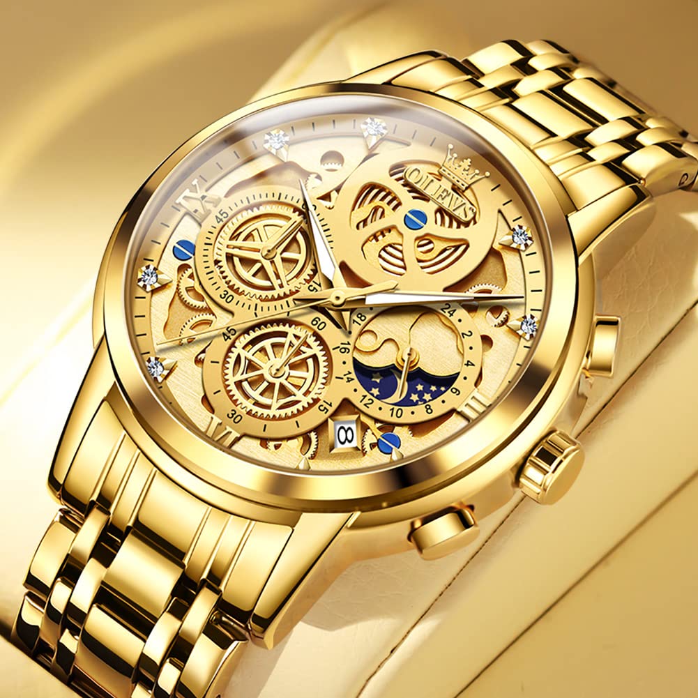 OLEVS Mens Watch Chronograph Luxury Diamond Dress Business Analog Quartz Wrist Watches Stainless Steel Waterproof Luminous