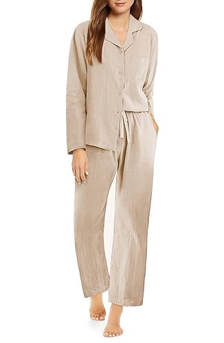 Ekouaer Pajamas Set for Womens 2 Piece Cotton Plaid Loungewear Long Sleeve Sleepwear Soft Button Down Shirts Pjs with Pockets Khaki