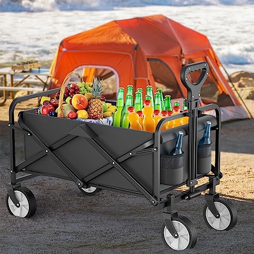 Collapsible Folding Utility Wagon,Beach Wagon Cart with All Terrain Wheels & Drink Holders,Portable Sports Wagon for Camping, Shopping, Garden and Beach, Grass, Sand,Fishing